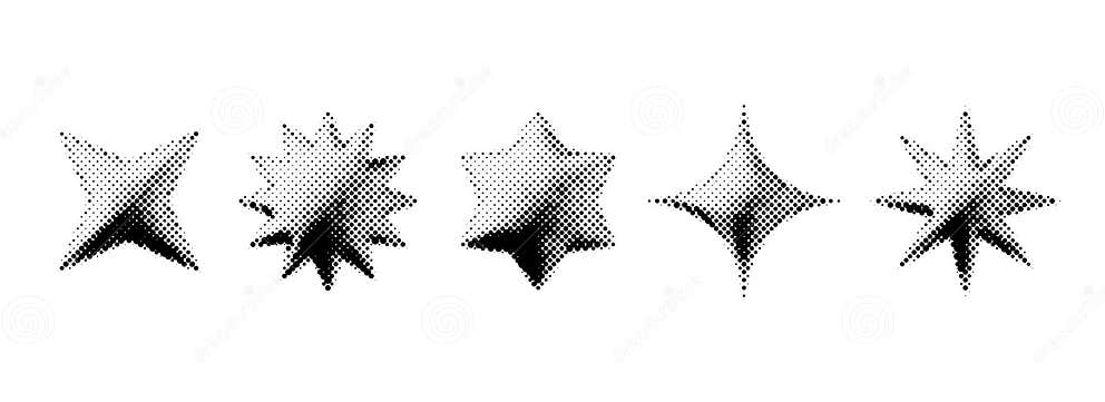 Black Halftone Grunge Stars Set. 3d Dotted Grainy Star Shape Collection ...
