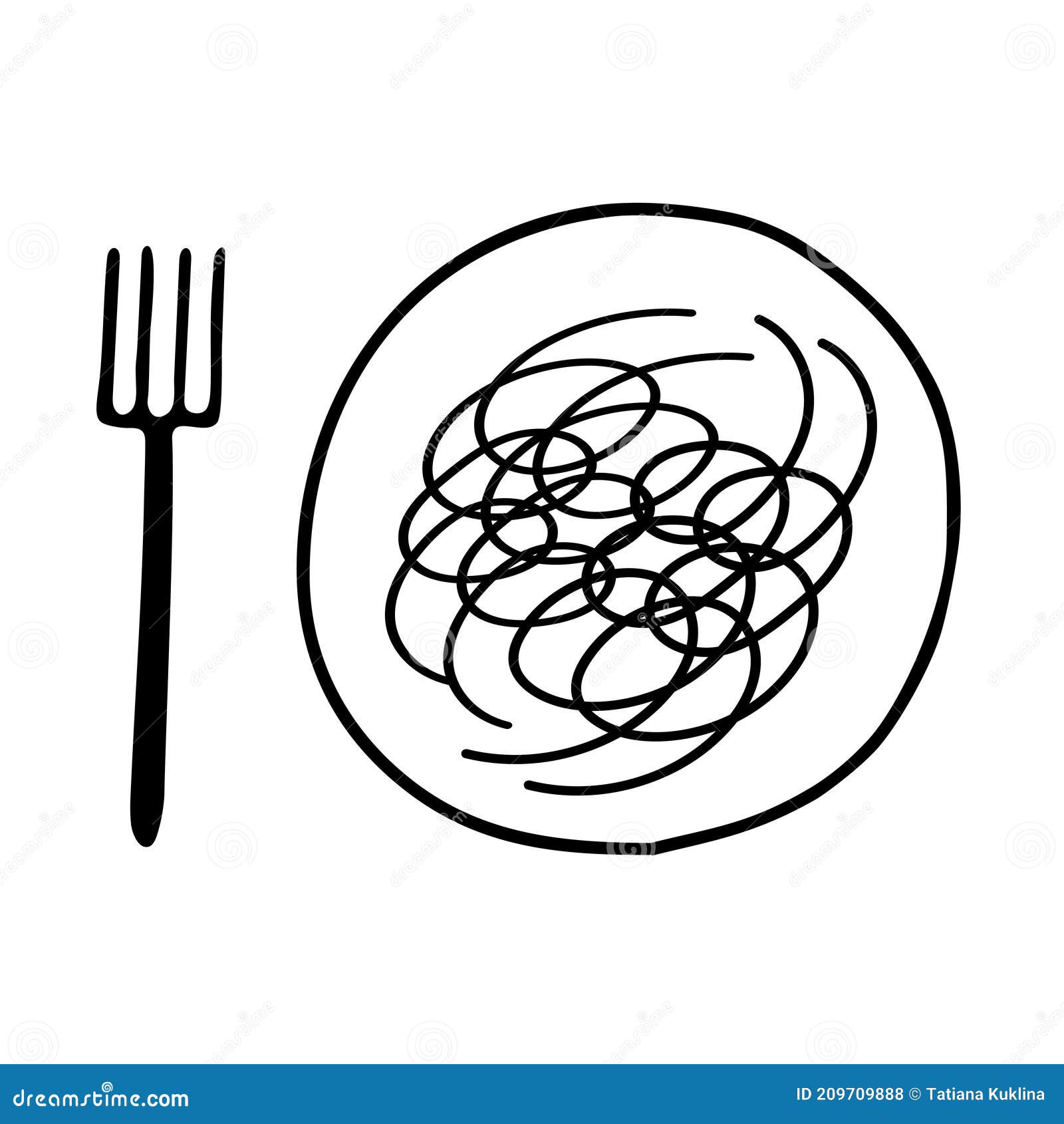 Black Hand-drawn Outline Flat Vector Illustration of Hot Spaghetti on ...