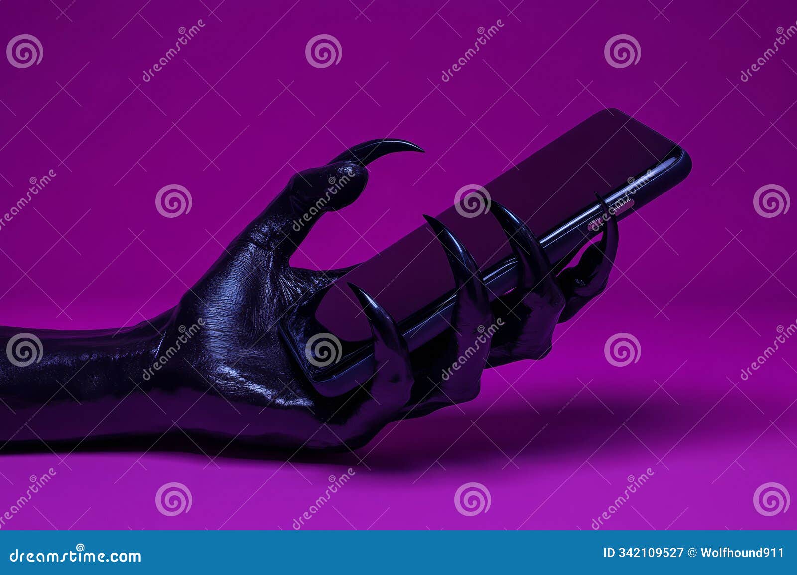 A Black Hand with Sharp, Curved Claws Holding a Smartphone, Placed on a ...