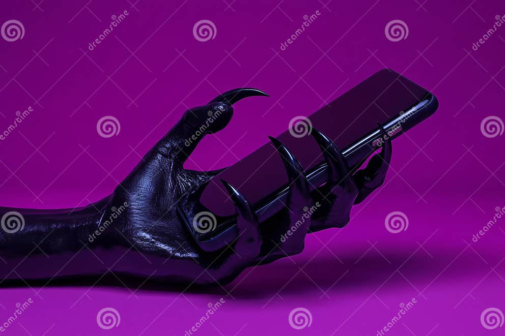 A Black Hand with Sharp, Curved Claws Holding a Smartphone, Placed on a ...