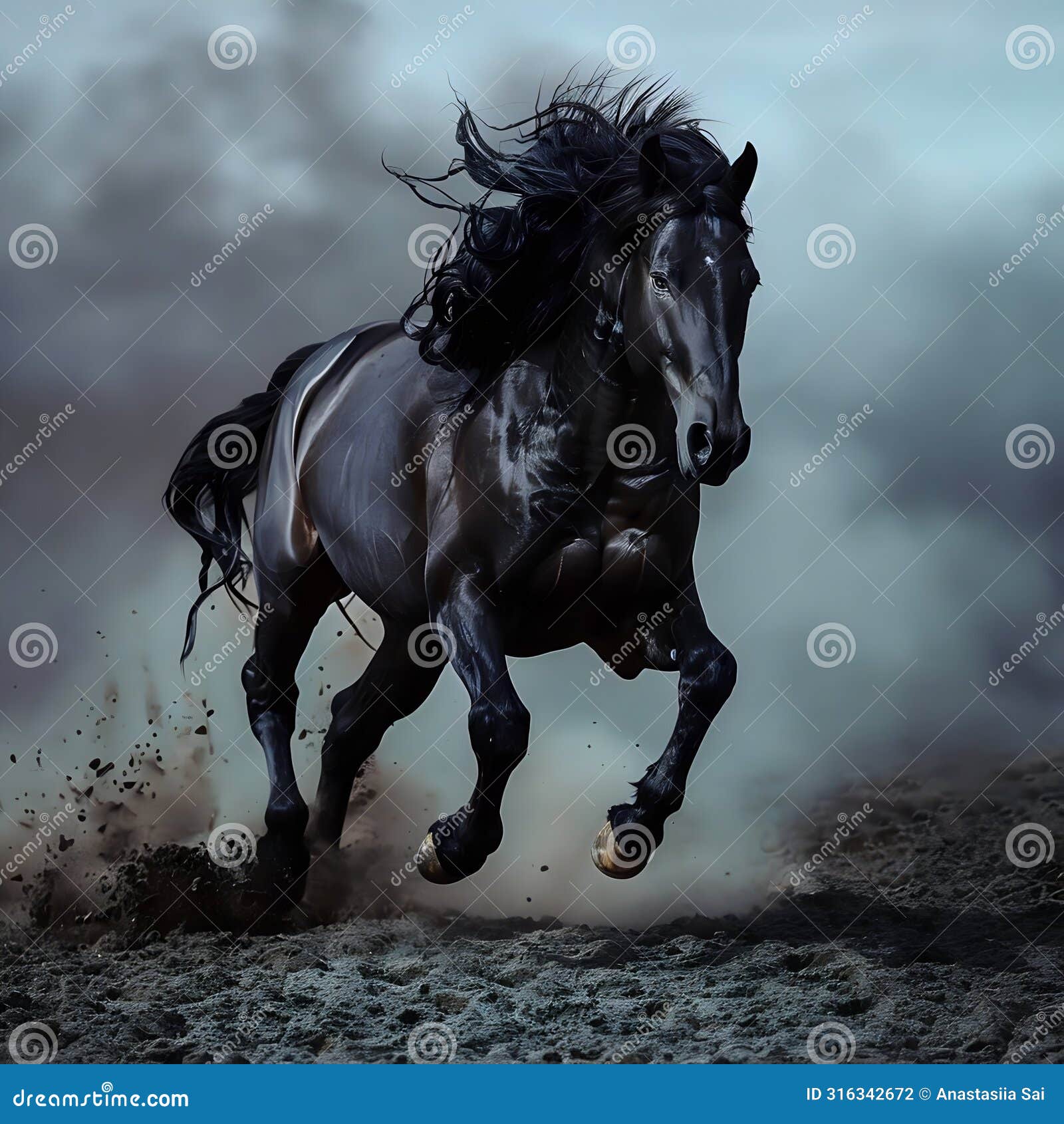Black Handsome Stallion Rushing Forward Kicking Up Dust Voru Stock ...