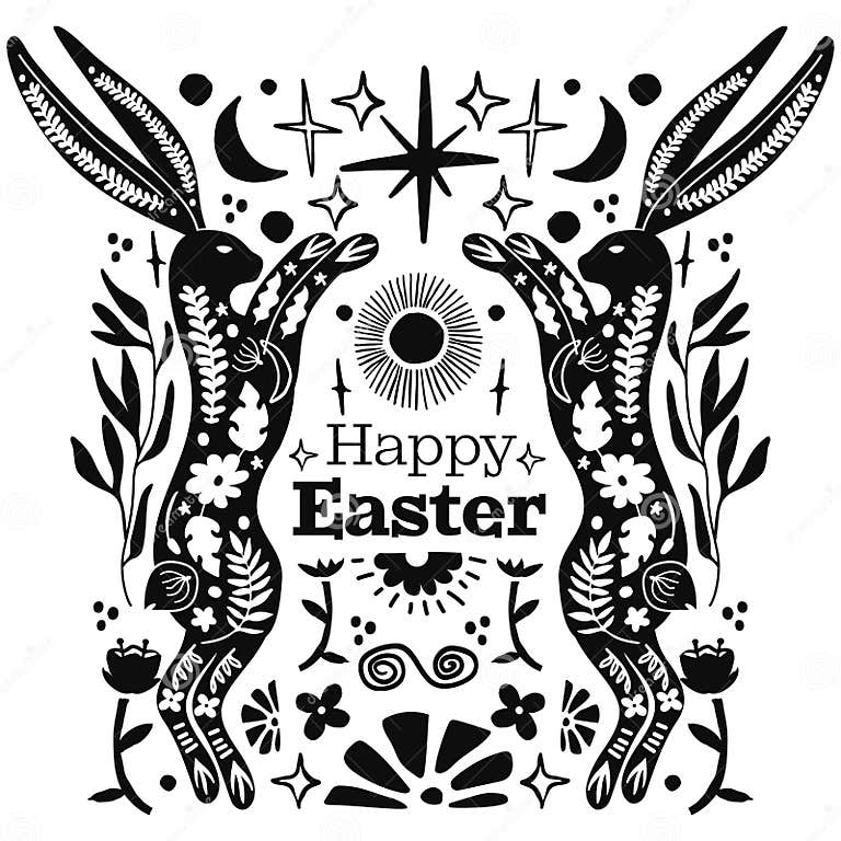 Black Happy Easter Linocut Composition Stock Vector - Illustration of ...