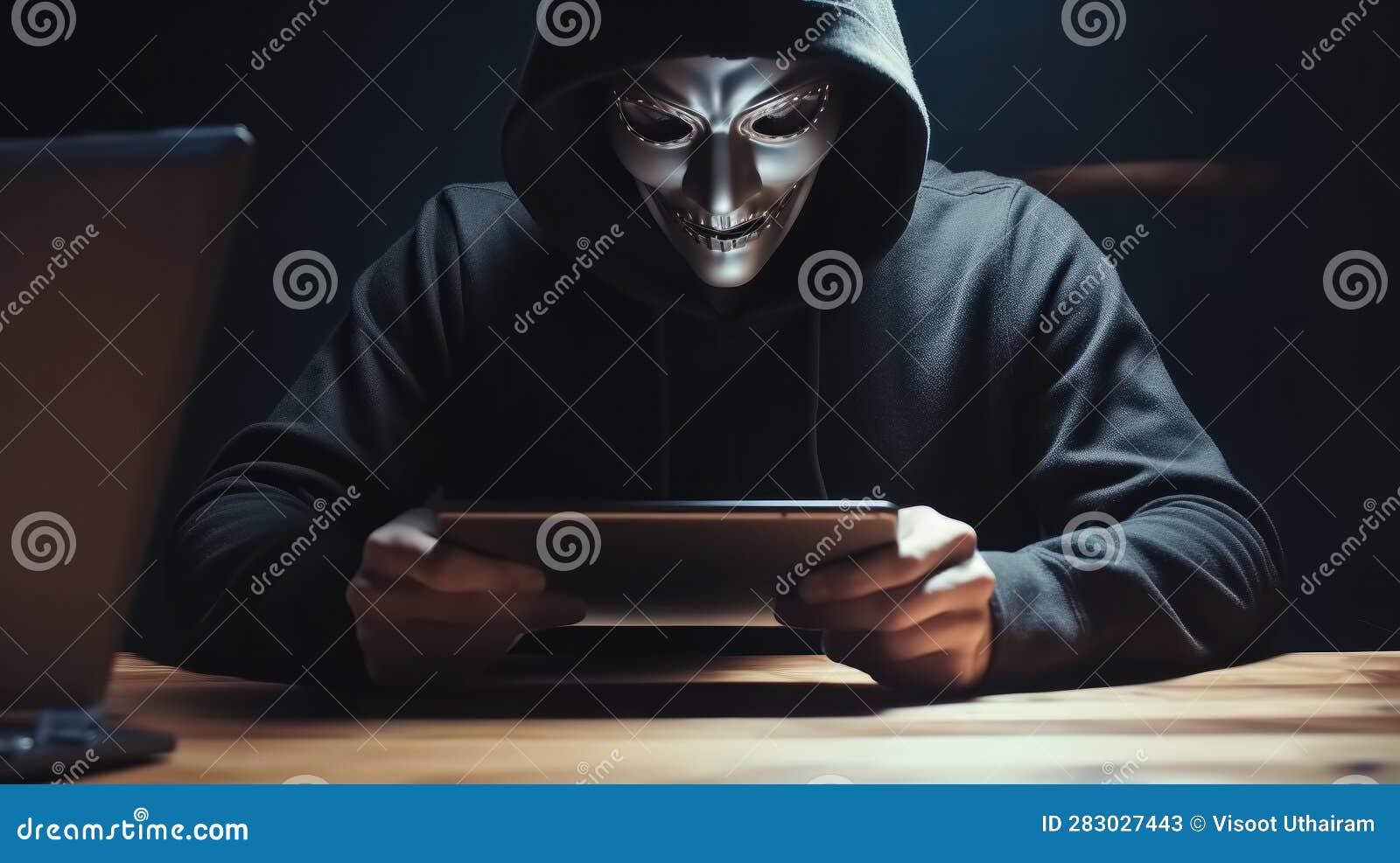 Black Hat Wearing White Mask Hacker in Hood Using Tablet on Desk To ...