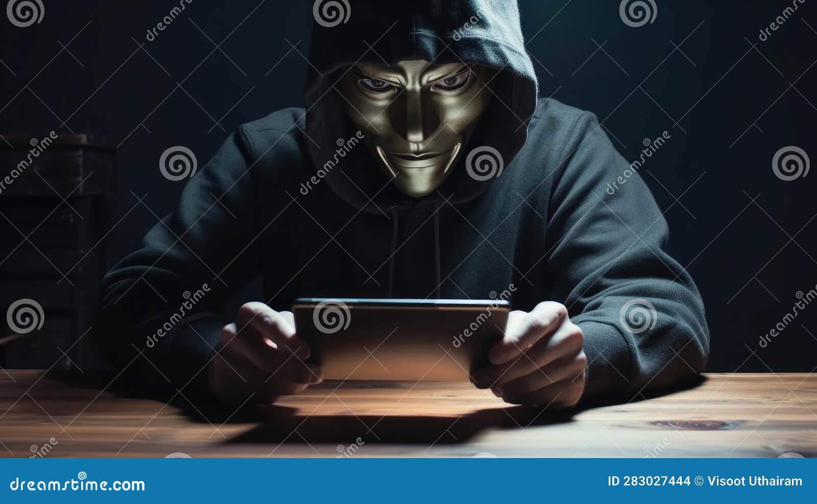 Black Hat Wearing White Mask Hacker in Hood Using Tablet on Desk To ...