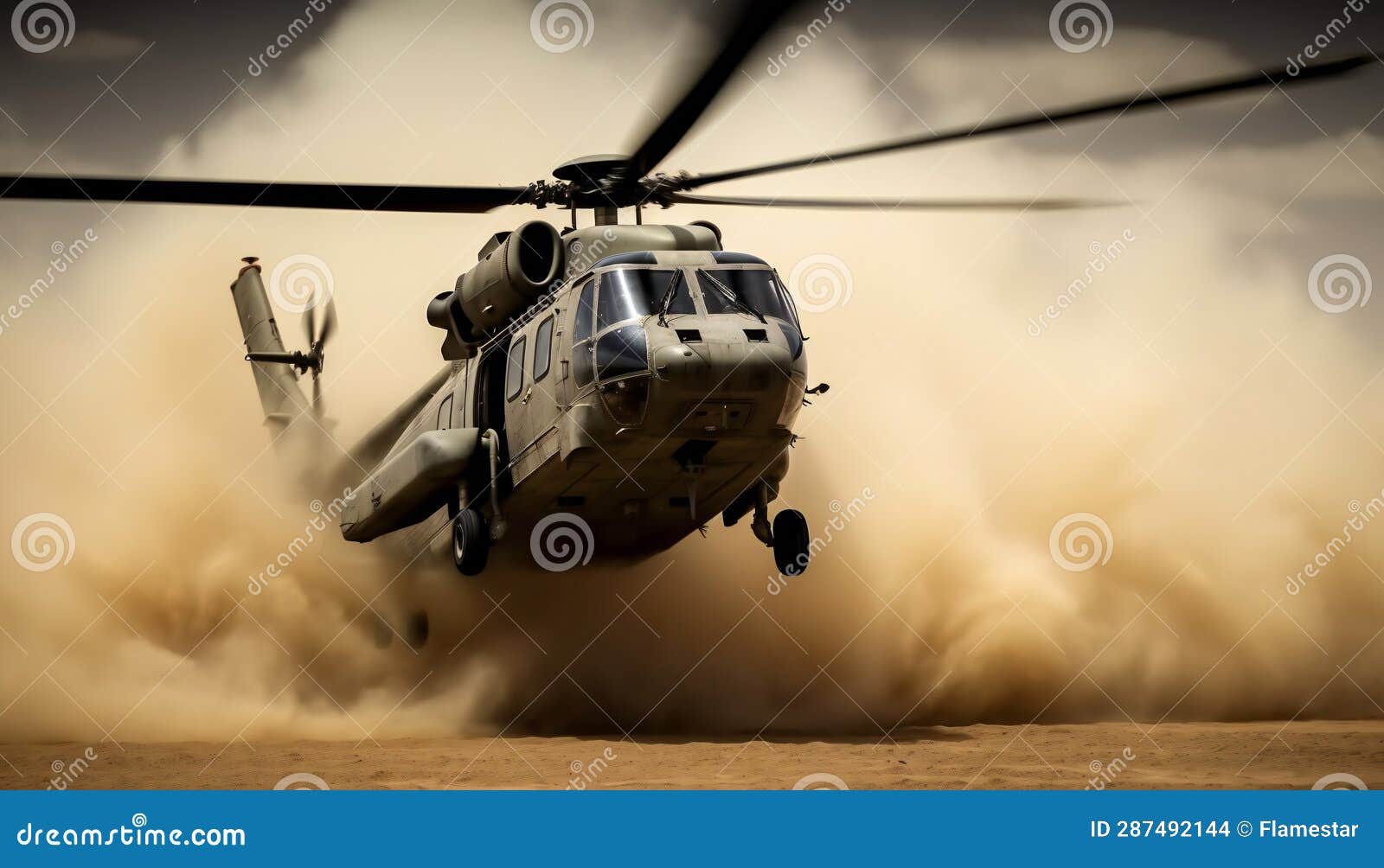 Black Hawk Helicopter Takes Off in Dust Clouds Stock Illustration ...