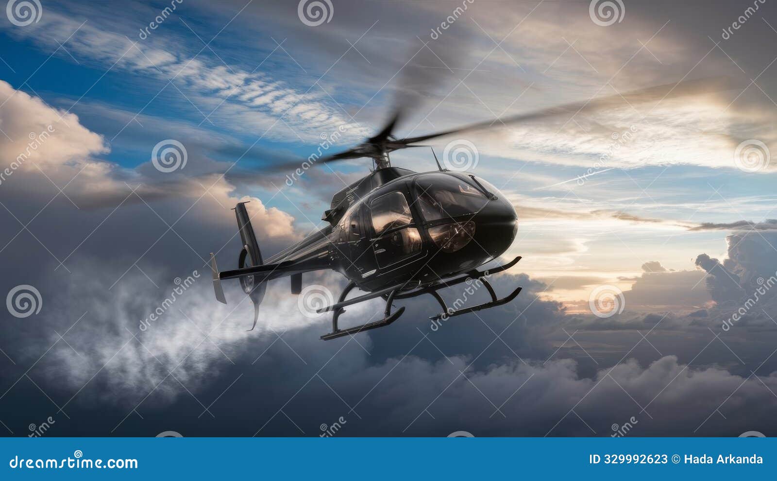 Black Helicopter Lifting Off Under A Gorgeous Cloud Filled Sky Royalty ...