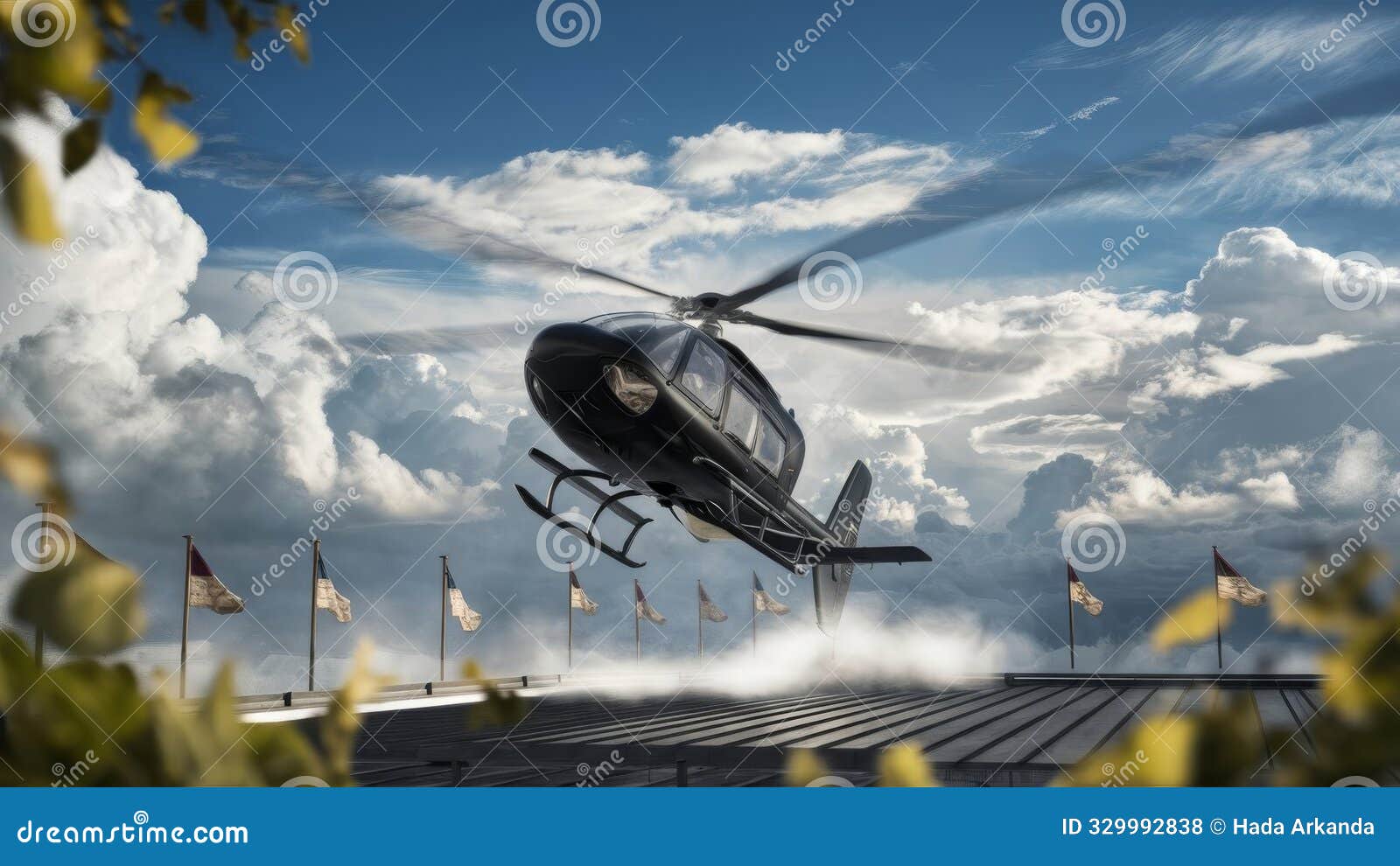 Black Helicopter Lifting Off Under A Gorgeous Cloud Filled Sky Stock ...