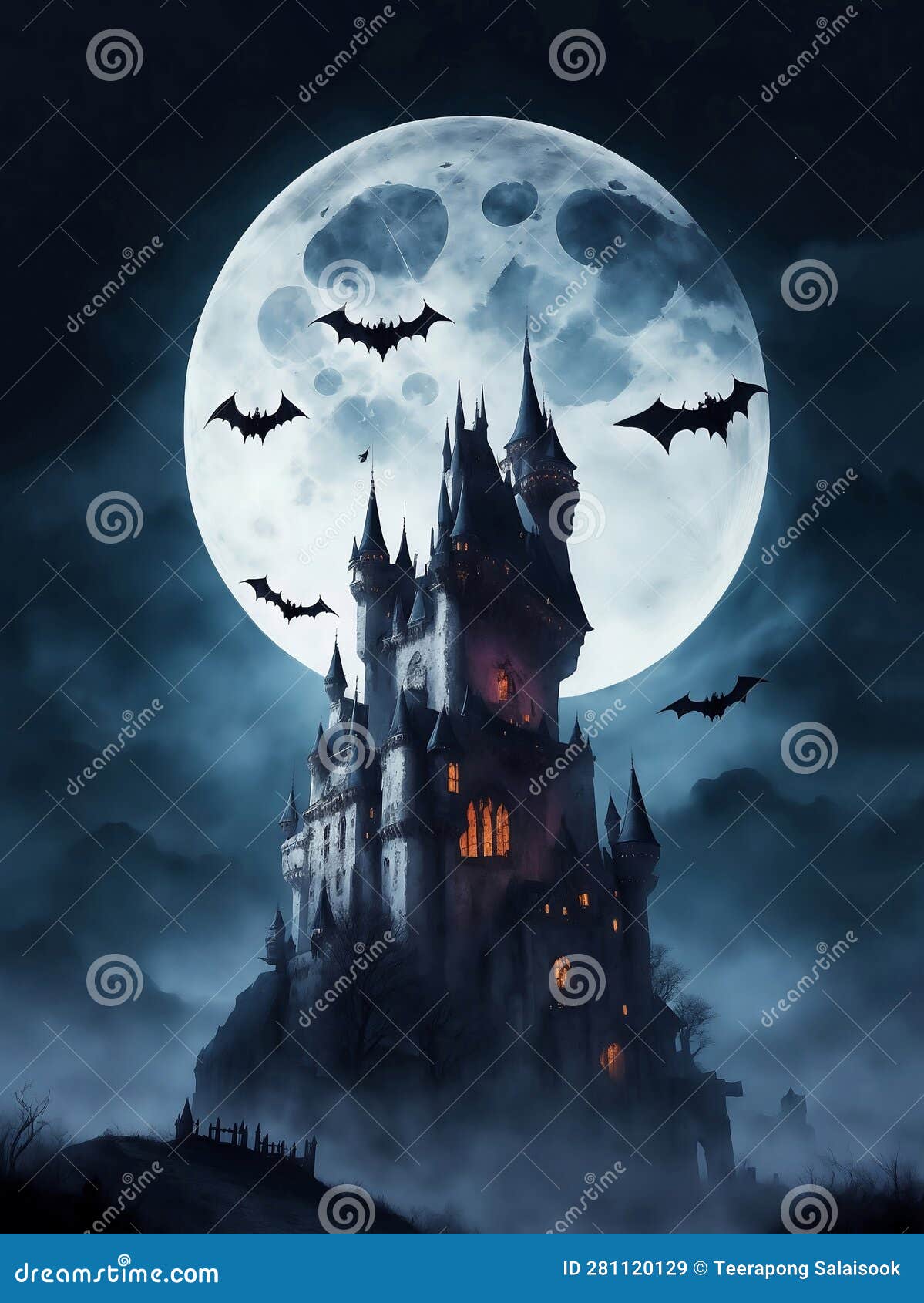 Black Horror Castle and Large Moonlight, Generative AI Illustration ...