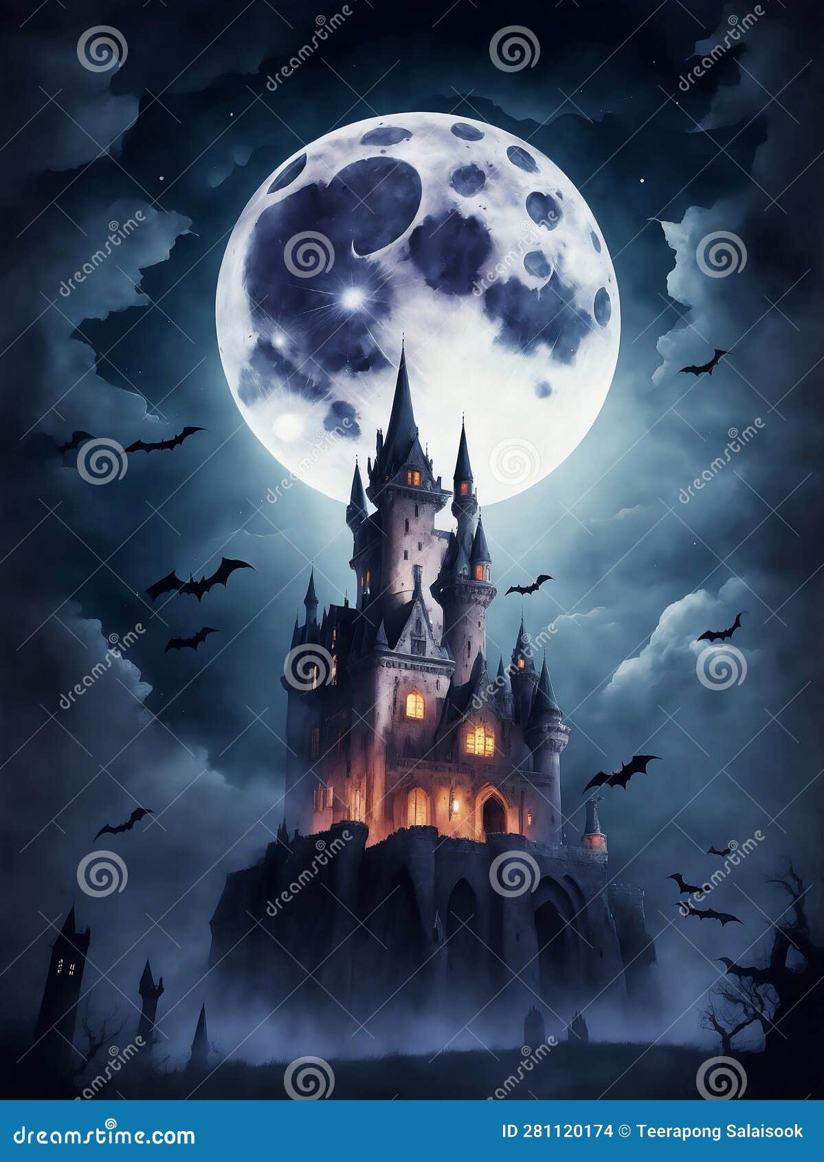 Black Horror Castle and Large Moonlight, Generative AI Illustration ...
