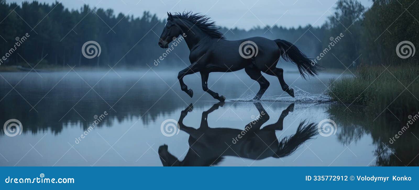Black Horse Running through a Misty Lake at Dawn Stock Photo - Image of ...