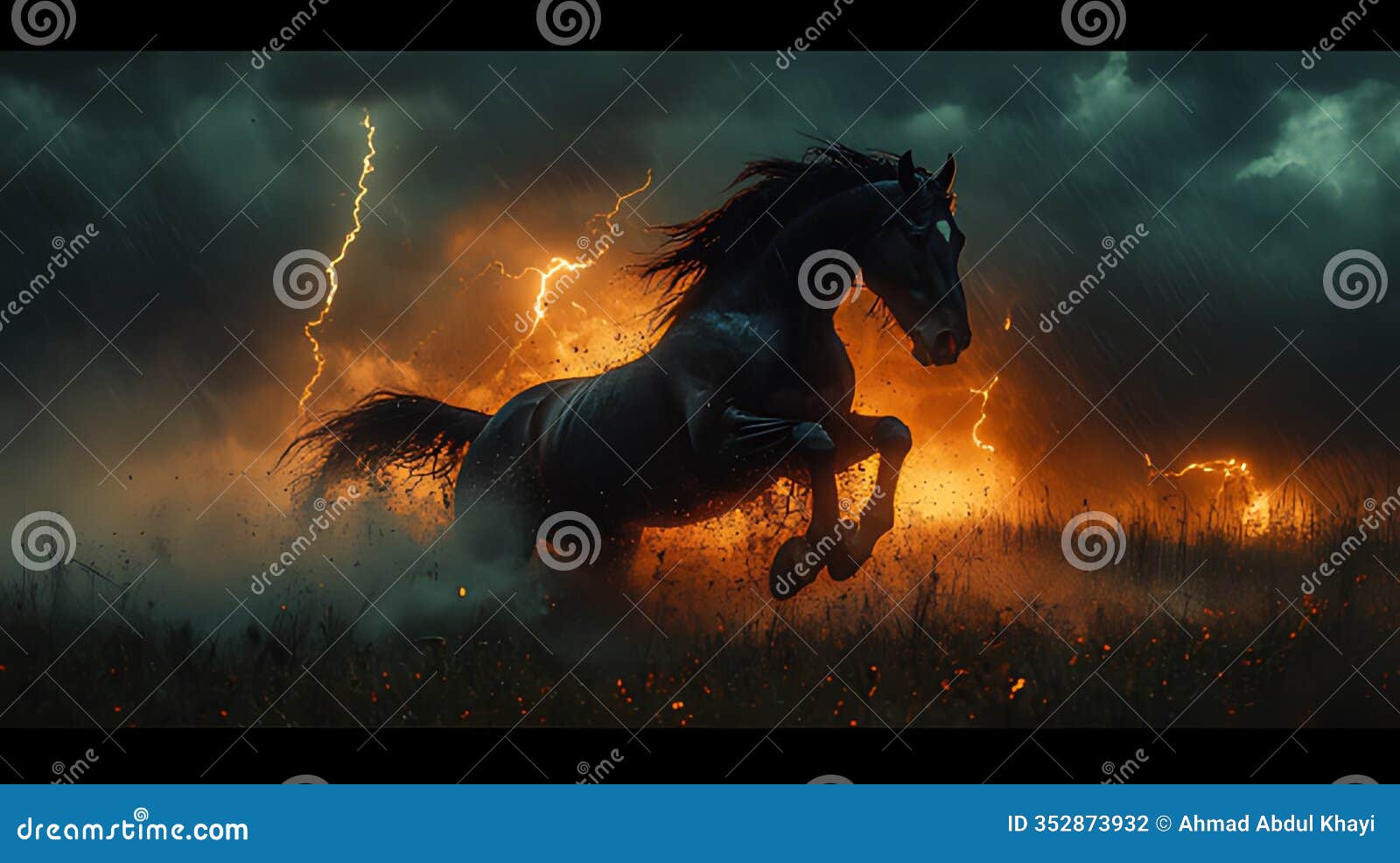 Black Horse Running in a Stormy Field with Lightning Stock Photo ...