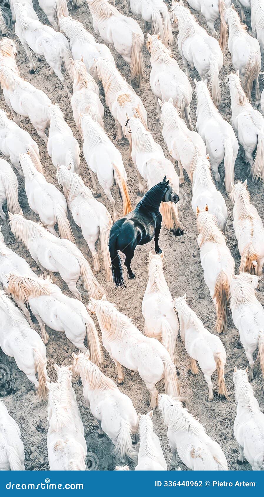 Black Horse Standing Out from the Crowd of White Horses Stock Photo ...