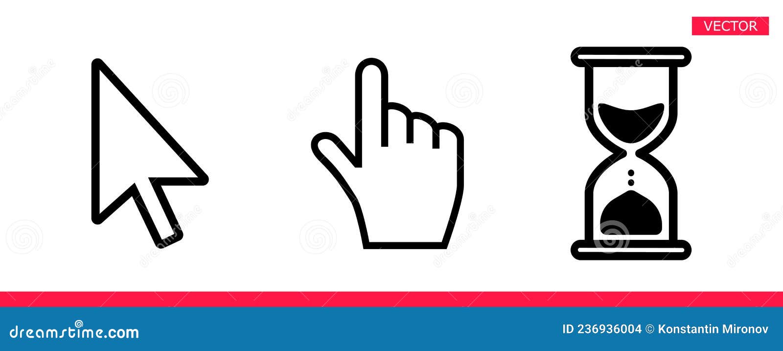 Black Hourglass Loading Clock, Pointer Hand and Arrow Mouse Cursors ...