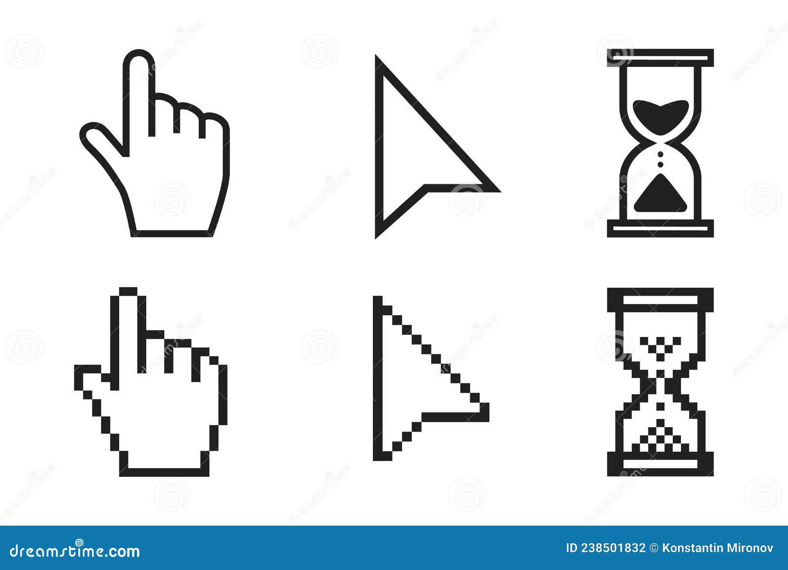 Black Hourglass Loading Clock, Pointer Hand And Arrow Mouse Cursors ...