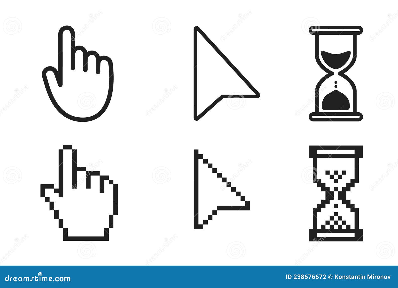 Black Hourglass Loading Clock, Pointer Hand and Arrow Mouse Cursors ...