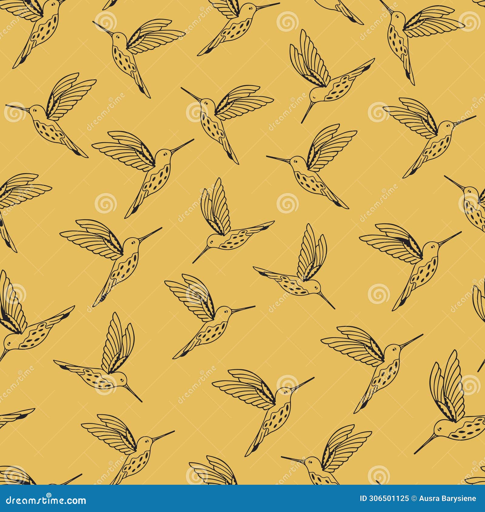 Black Hummingbird Outline on Yellow Background. Hand Drawn Seamless ...