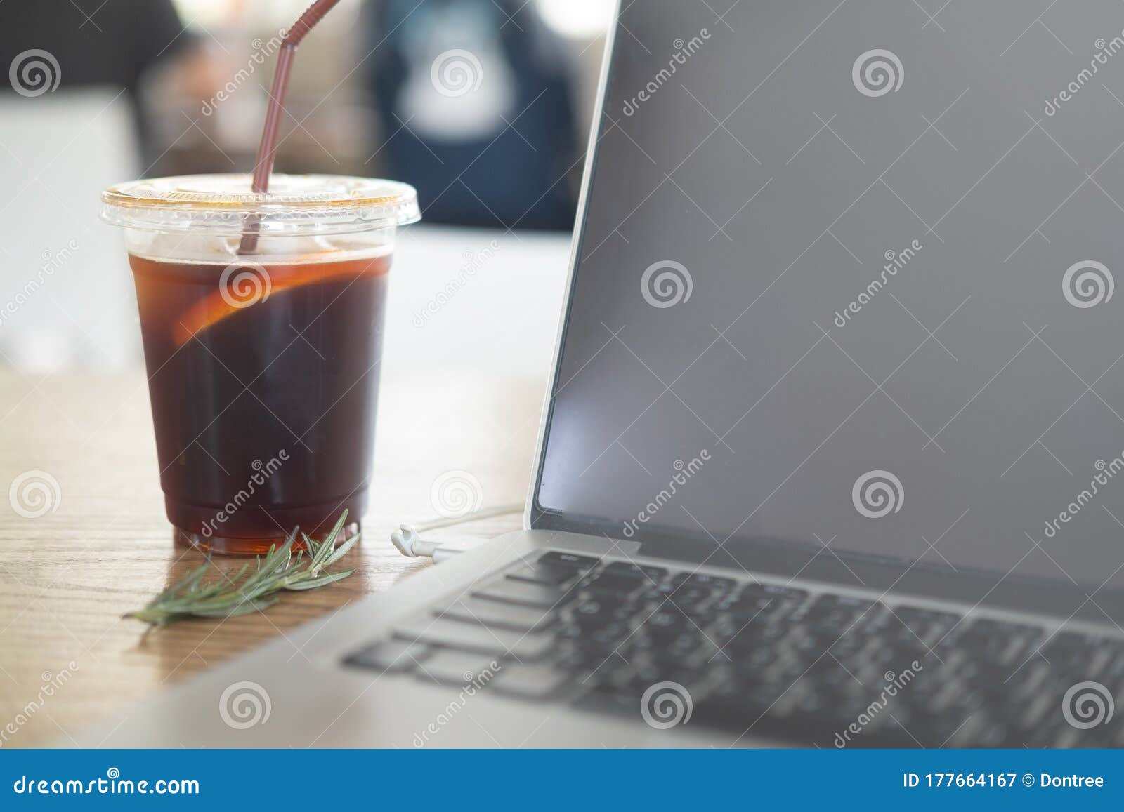 Black Iced Coffee on the Table with Laptop Computer Stock Image - Image ...