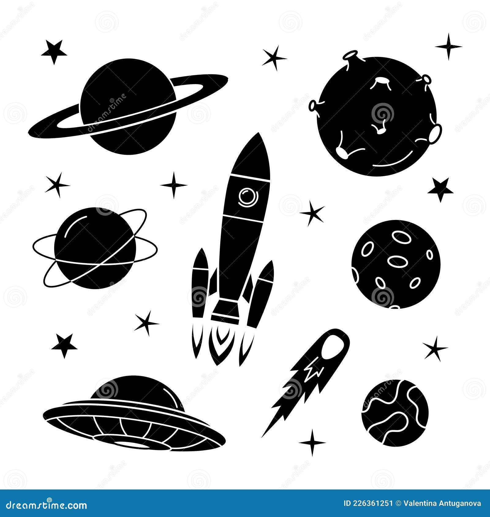 Black Icon Space Set. Rocket, Planets, Moon, Comet, Satellite Planets ...