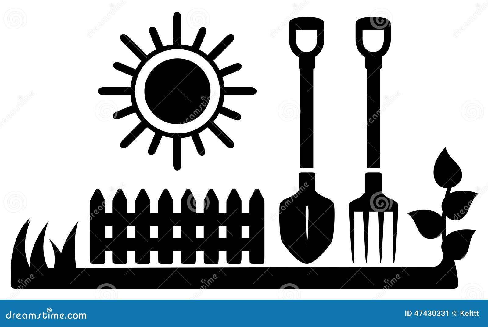 Black Icon with Sun and Gardening Tools Stock Vector - Illustration of ...