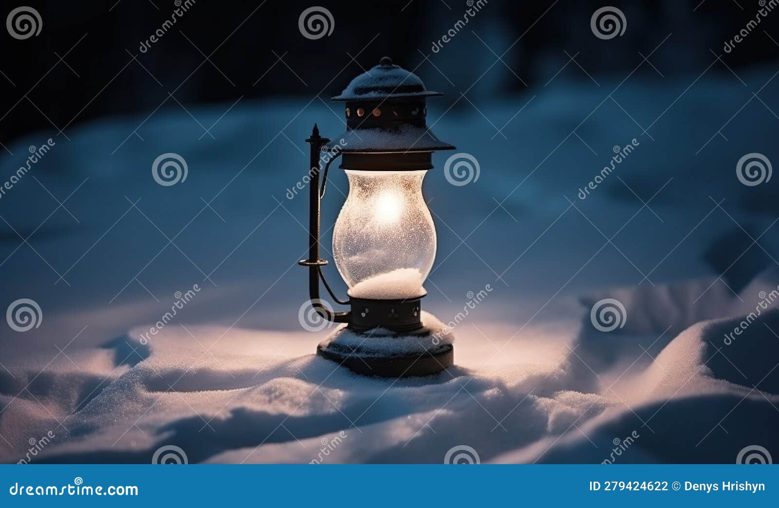 Black Illuminated Lantern in the Snow, in the Style of Golden Light ...