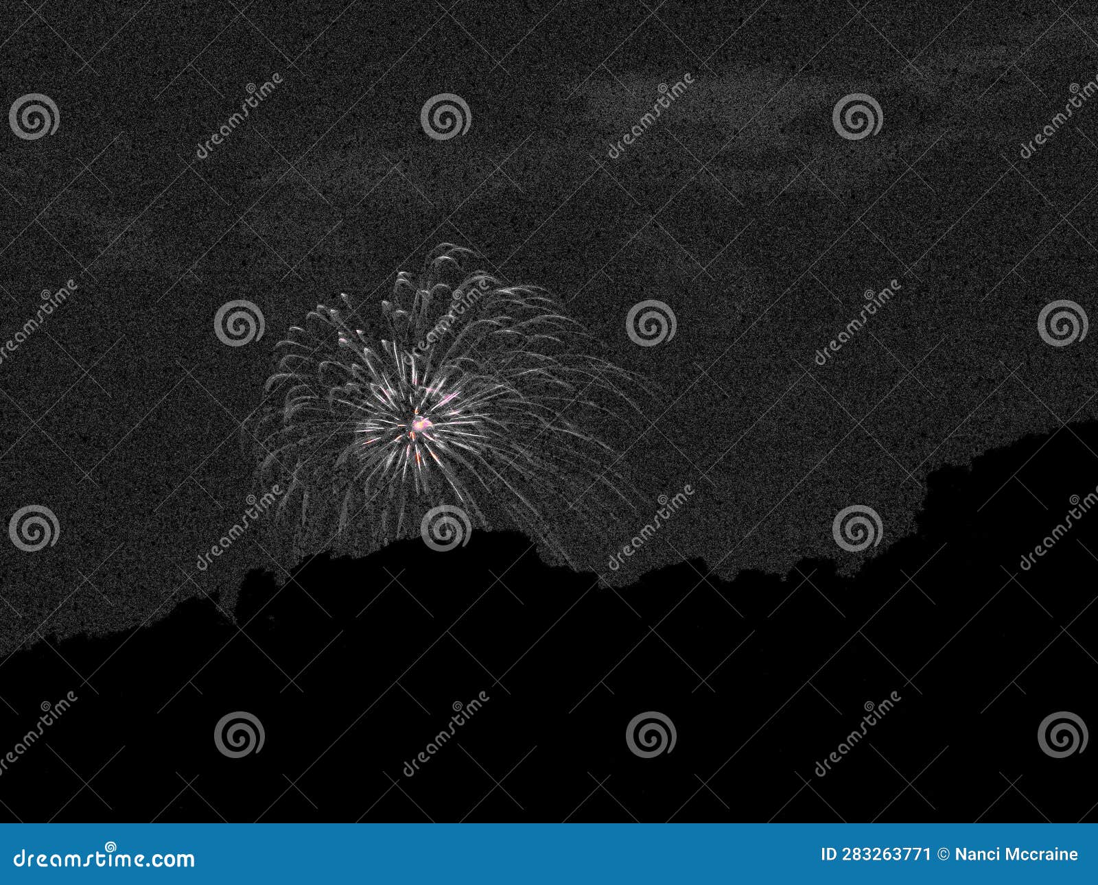 Fireworks Explode Over Nightsky Hillside Monochrome. Stock Illustration ...