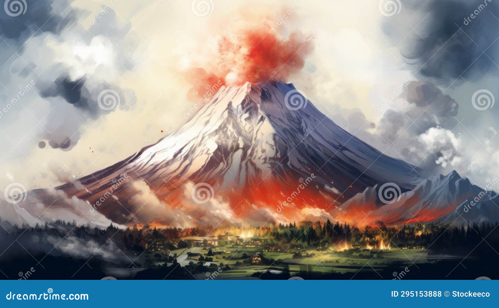 Poland Volcano Watercolor Illustration: Anime Art with Serene Urban and ...