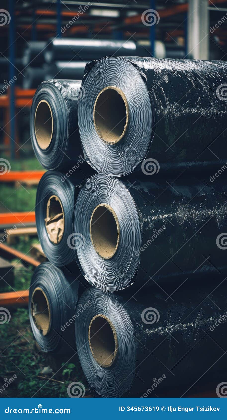 Black Industrial Membrane Roll. Stack of Roofing, Building, or ...