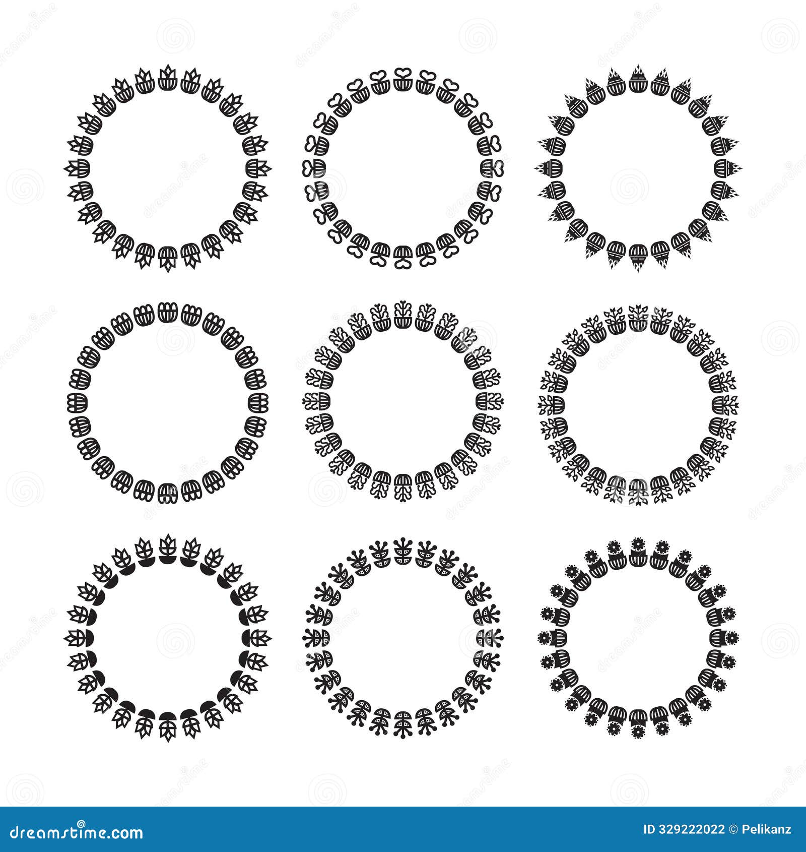 Black Ink Abstract and Isolated Art Deco Flowers Circle and Round Empty ...