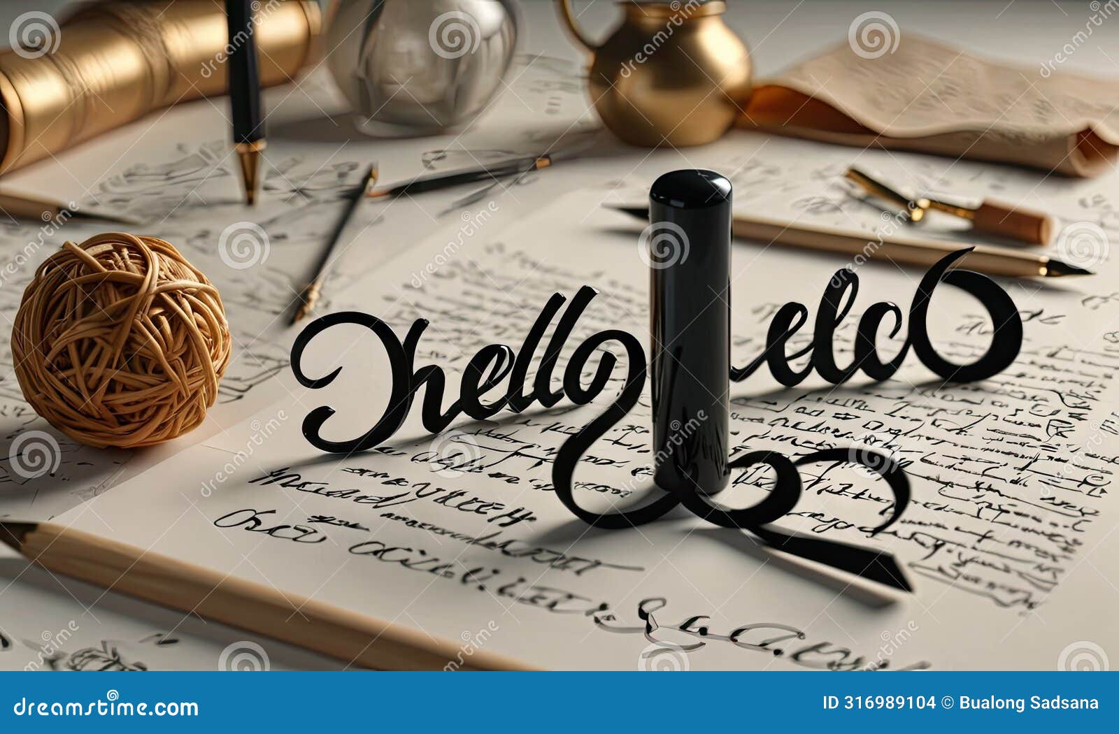 A Black Ink Pen is on Top of a Piece of Paper with the Word Hello ...