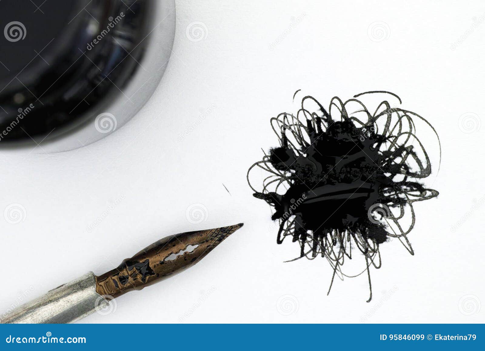 Black Ink Spot on Paper with Pen and Bottle of Ink Stock Image - Image ...