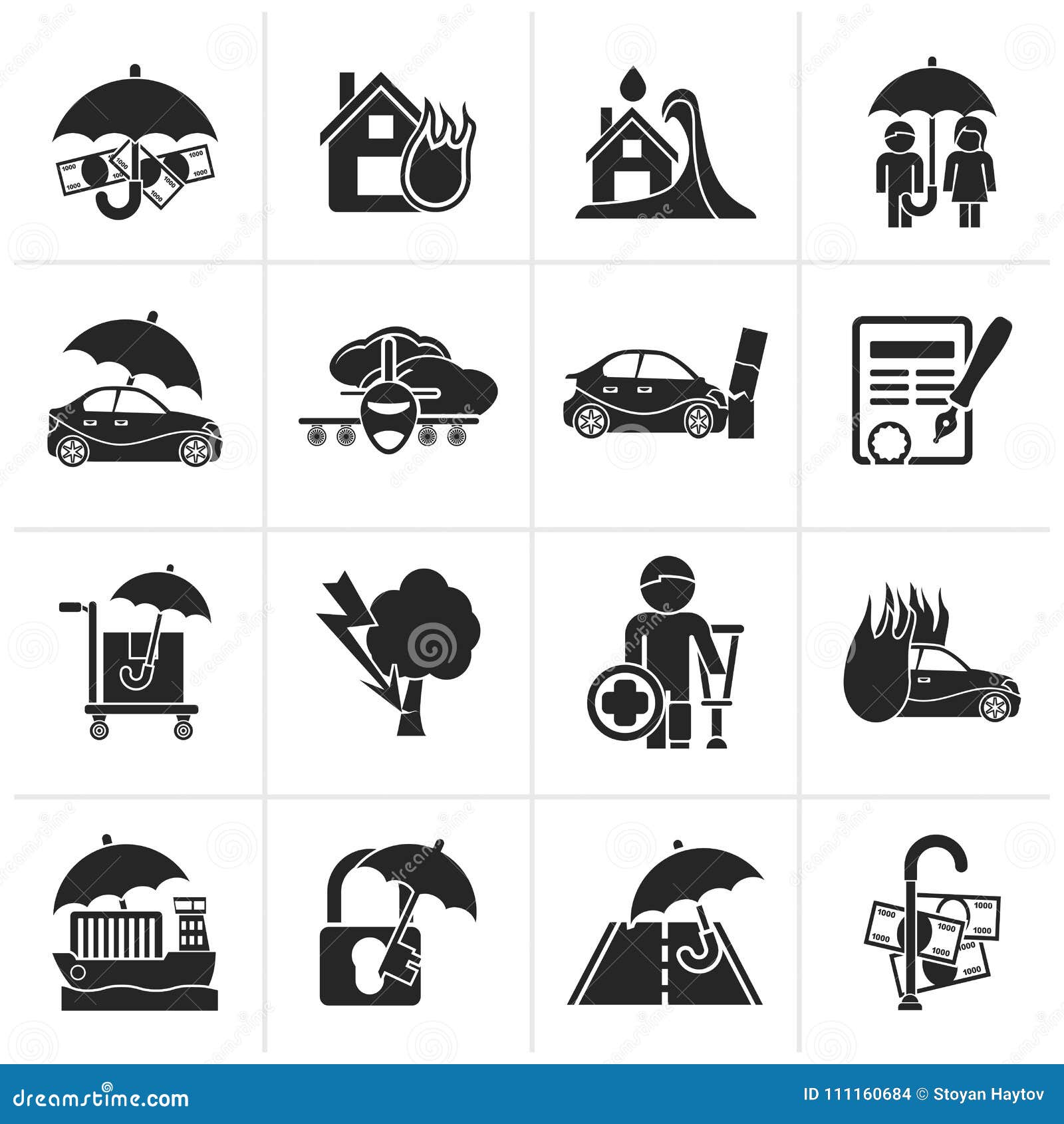 Black Insurance and Risk Icons Stock Vector - Illustration of assurance ...