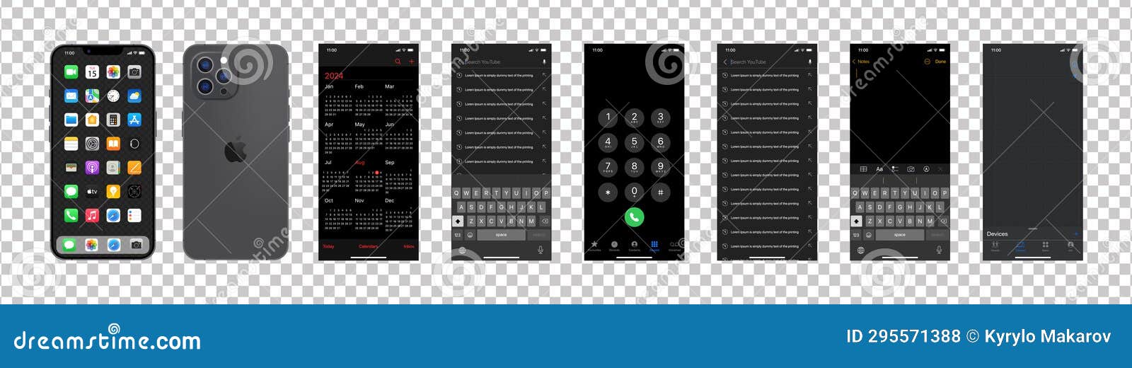 Black Iphone 15 Pro Interfaces. Apple Mockup. Front, Back Side of the ...