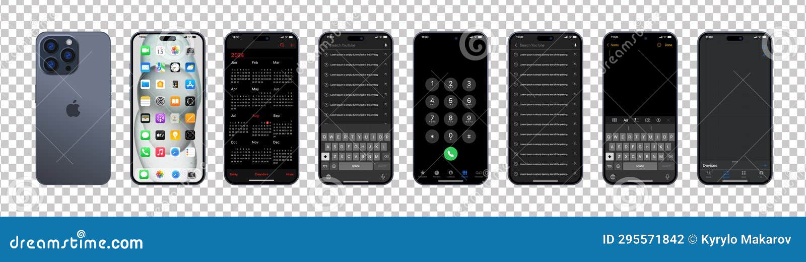 Black Iphone 15 Pro Interfaces. Apple Mockup. Front, Back Side of the ...