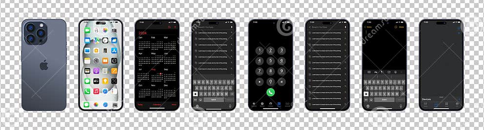 Black Iphone 15 Pro Interfaces. Apple Mockup. Front, Back Side of the ...