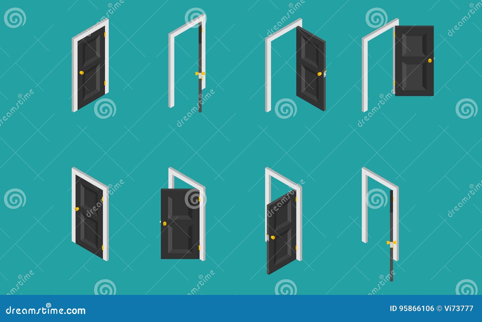 Black Isometric Door. Set of the Opened and Closed Doors. Vector ...