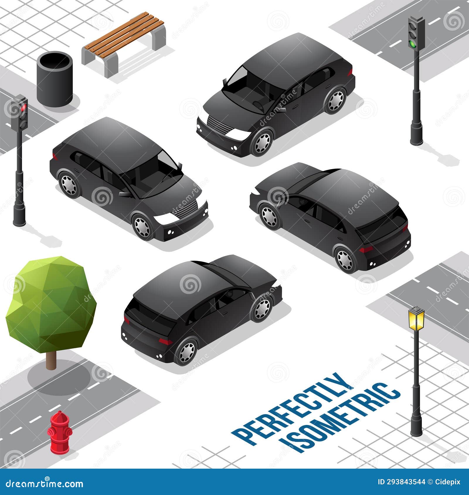 Black Isometric Hatchback Car from Front Back Right and Left Stock ...