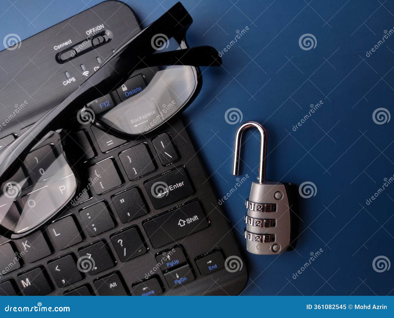 Black Keyboard,glasses and Padlock on Blue Background. Cybersecurity ...