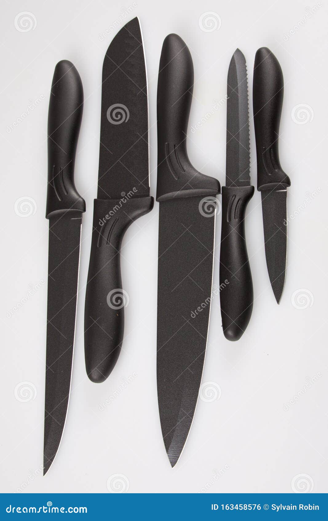 Black Kitchen Knives Set Against White Background Stock Photo - Image ...