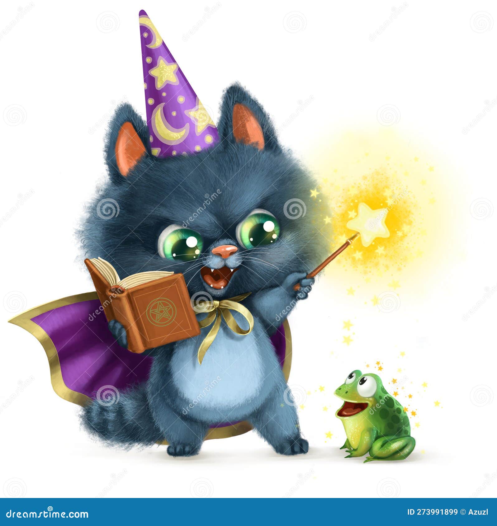 Black Kitten Wizard with a Book and a Magic Wand Conjures Over a Toad ...