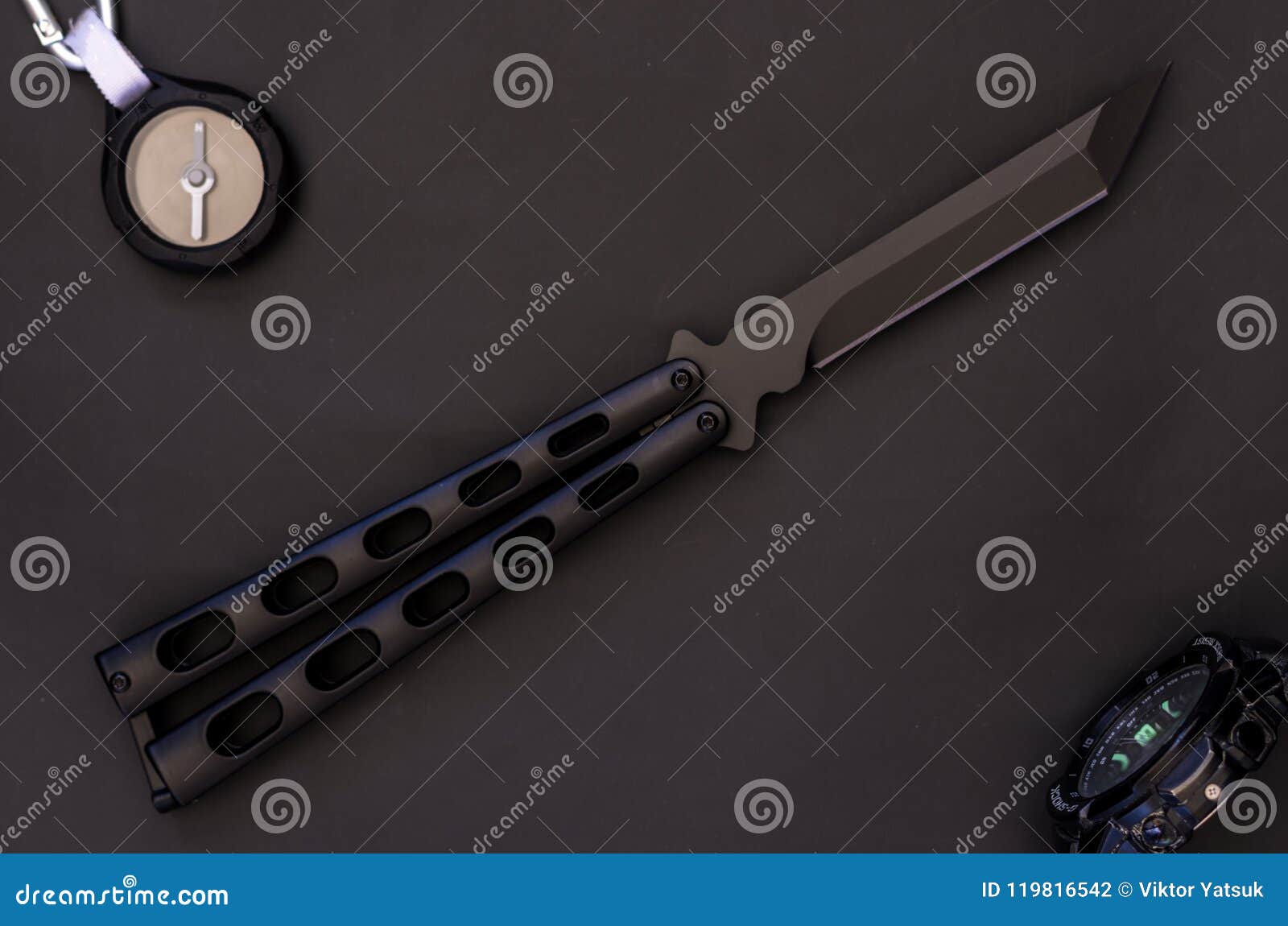 Black Knife, Compass and Watch. Military Kit. Stock Photo - Image of ...