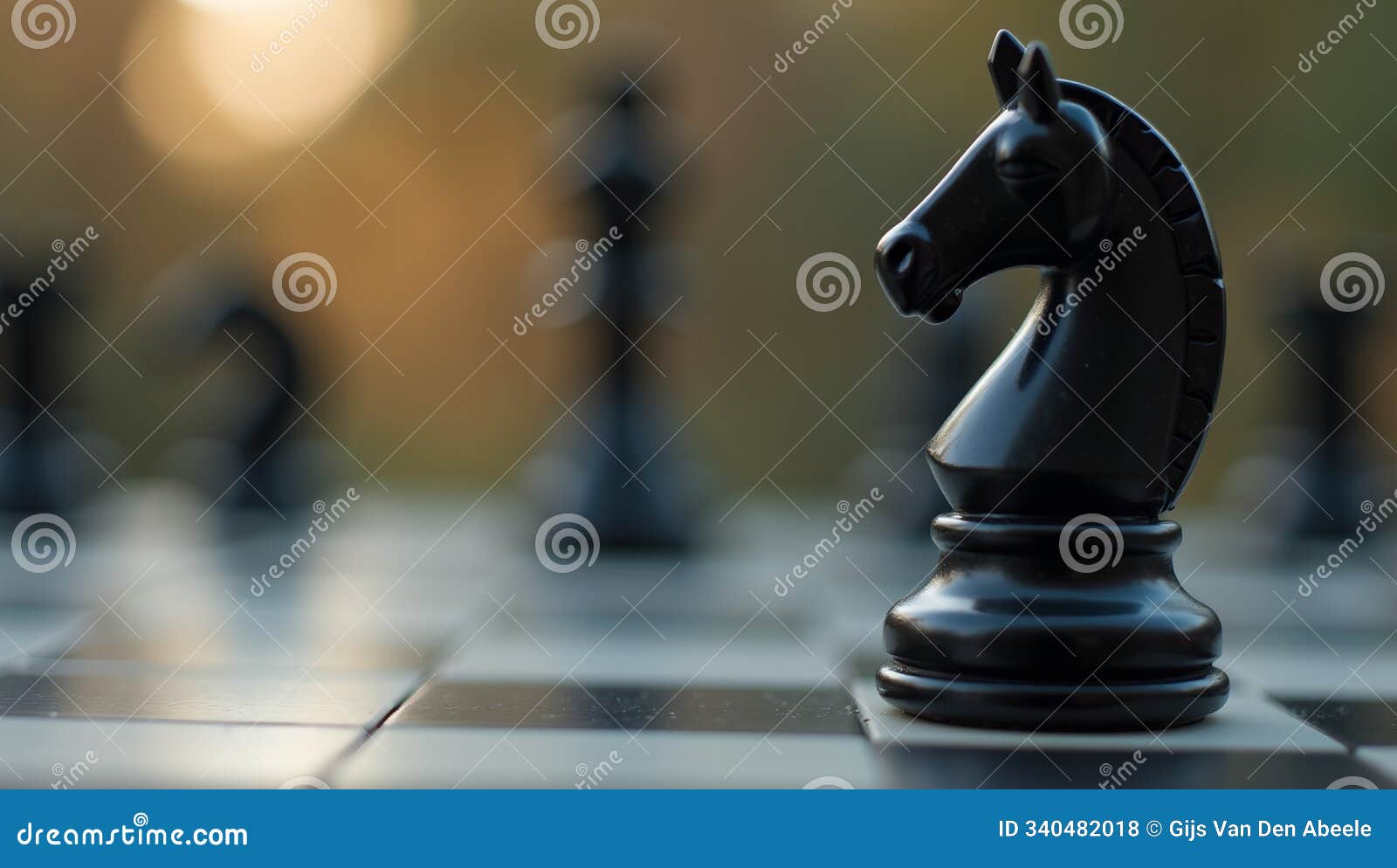 Black Knight Chess Piece in Sharp Focus on Board Surrounding Squares ...