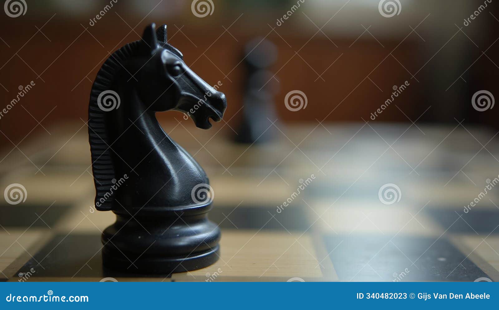Black Knight Chess Piece in Sharp Focus on Board Surrounding Squares ...