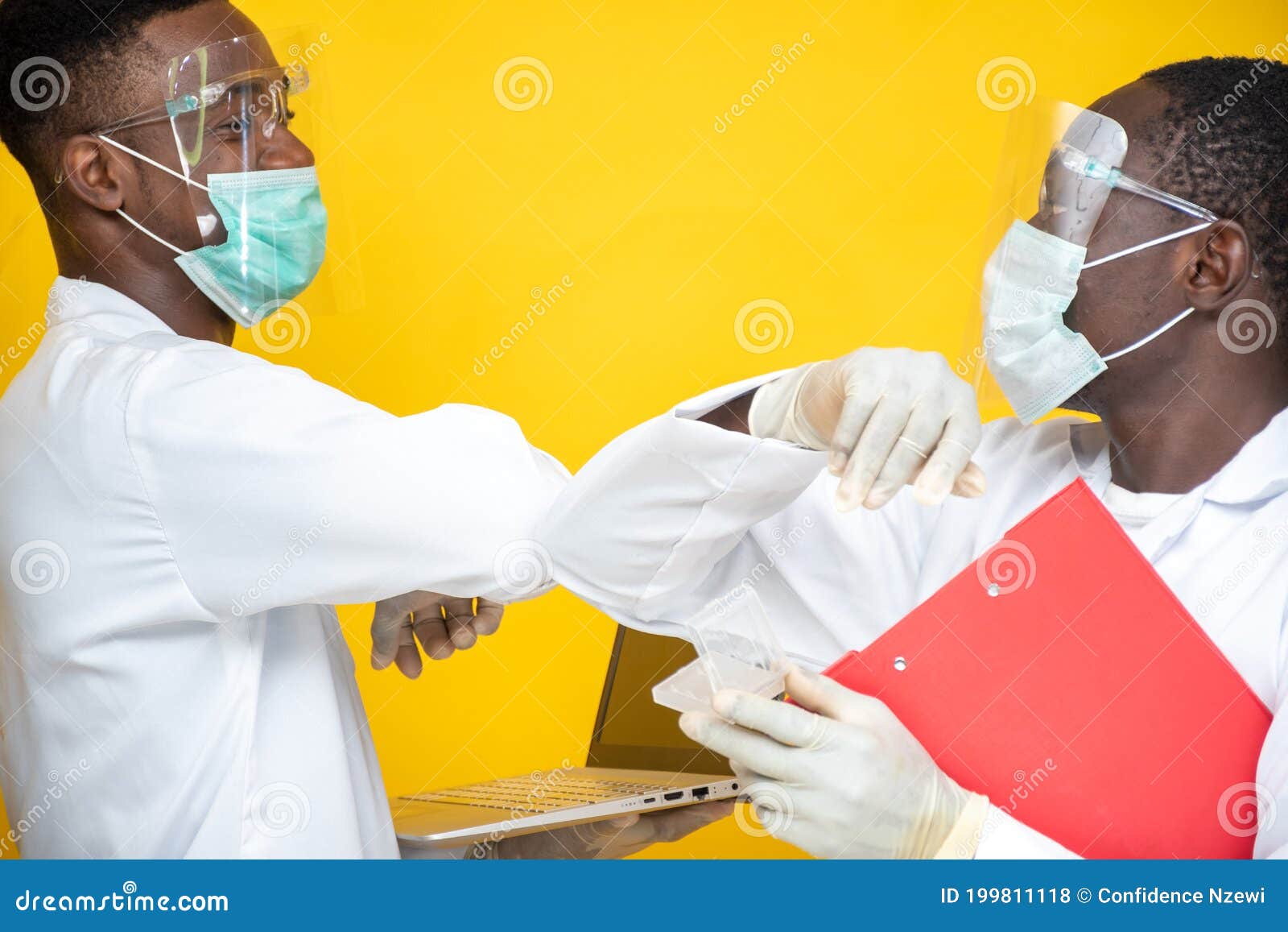 Black Lab Scientists Greet by Touching Their Elbows Stock Photo - Image ...