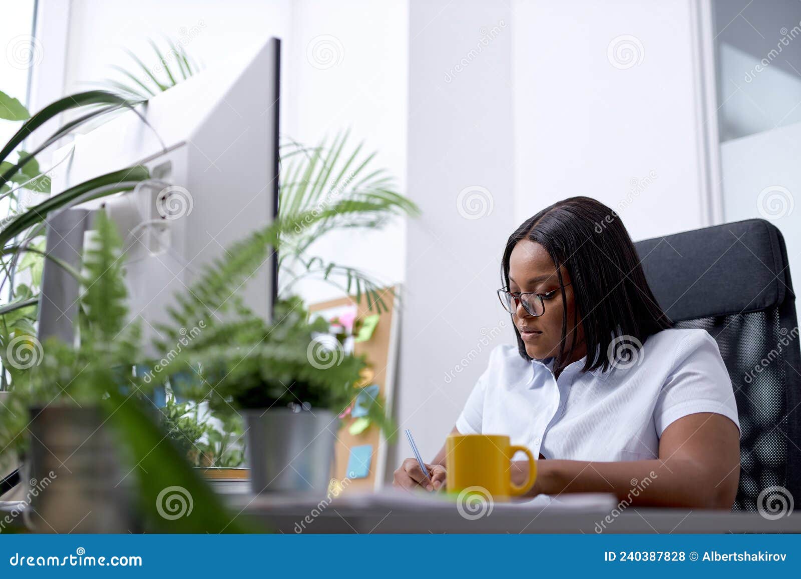 Black Lady Office Worker Concentrated on Work, Writing Documents ...