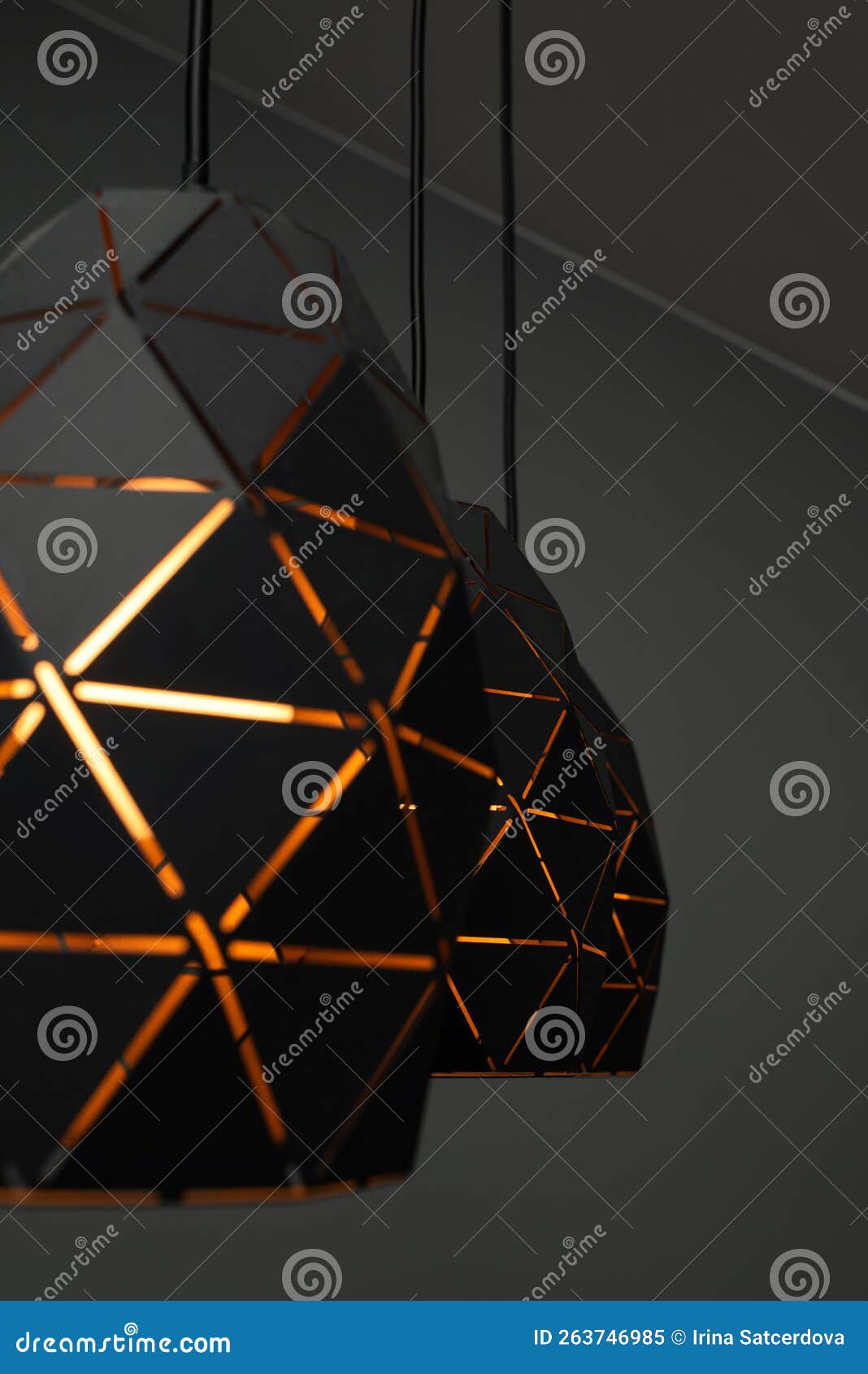 Black Lamps with a Geometric Pattern, Three Lamps on a Black Background ...