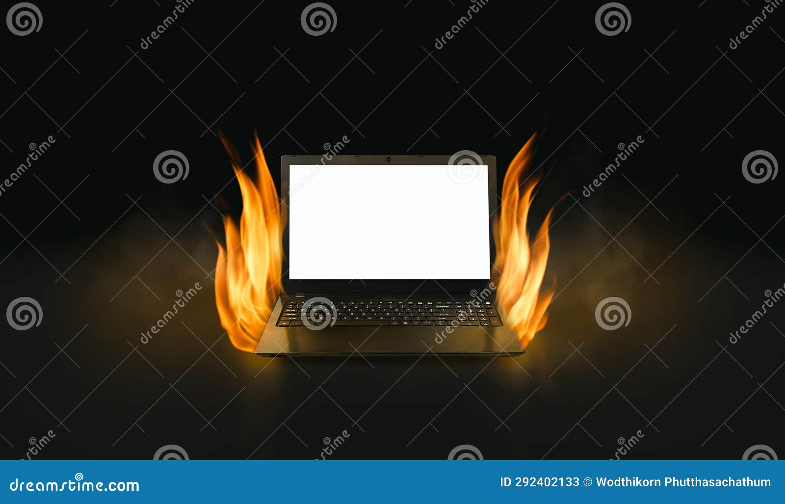 Black Laptop Computer with Burning Fire in Dark Background, Computer ...