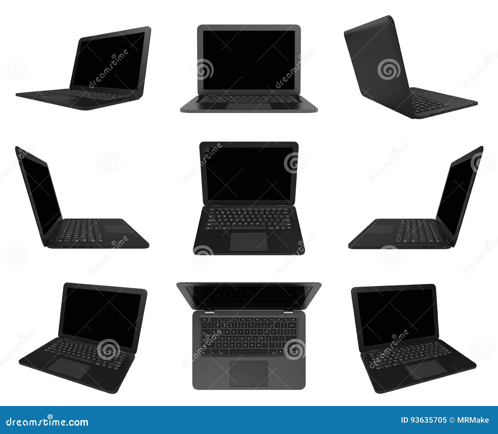 Black Laptop Computer on White, Multiple View Series Stock Illustration ...