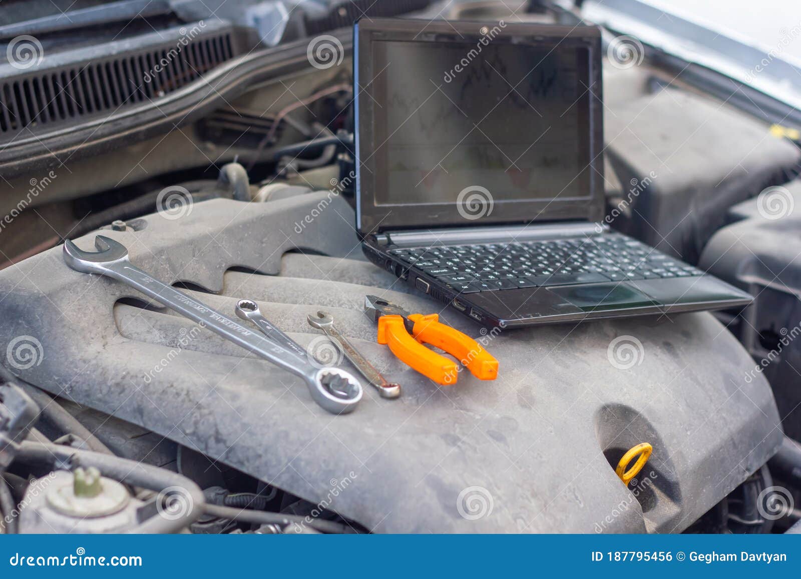 Black Laptop for Diagnostic on the Engine of Car Stock Photo - Image of ...