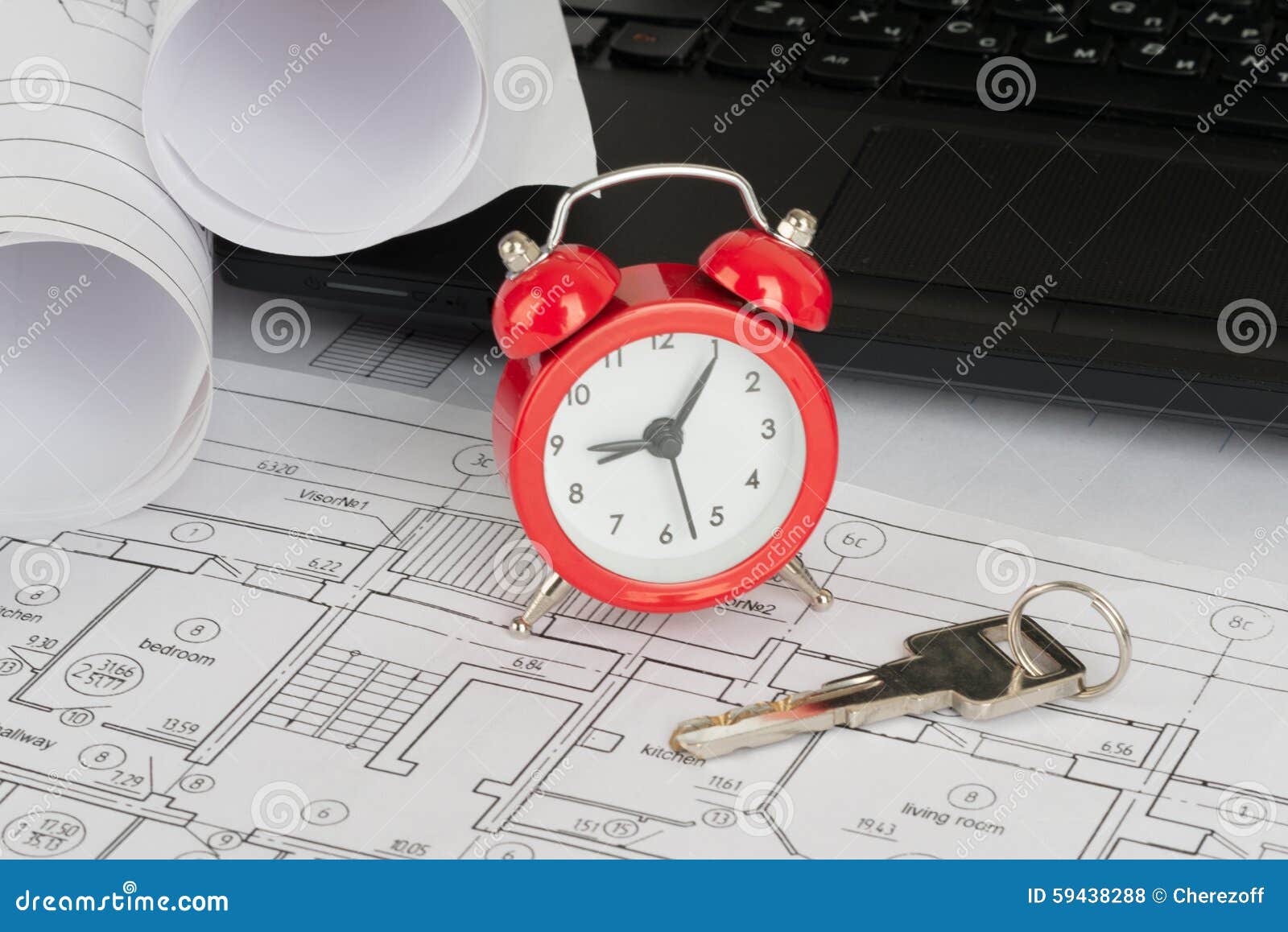 Black Laptop with Drafts and Alarm Clock Stock Photo - Image of ...