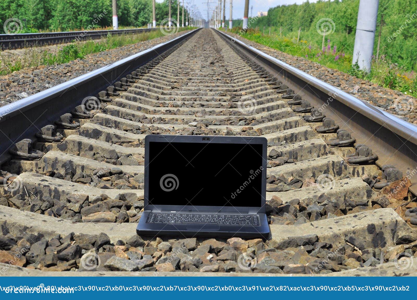 Black Laptop. Railway Tracks Going into the Distance Stock Photo ...